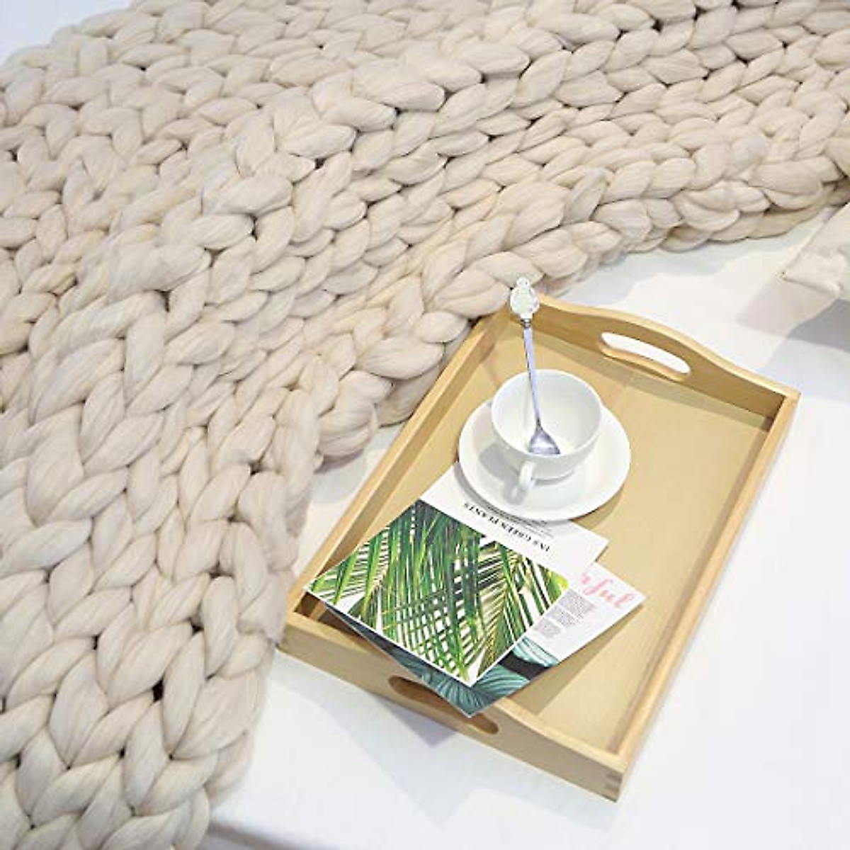 EASTSURE Chunky Knit Blanket Bulky Throw Merino Wool Hand Made Bed Sofa Throw Super Large,Beige,40"x40"