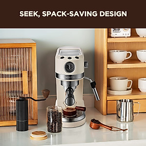 Neretva 20 Bar Espresso Coffee Machine with Steam Wand for Latte Espresso and Cappuccino, Compact Espresso Maker For Home Barista, 1350W Premium Italian High Pressure - Beige