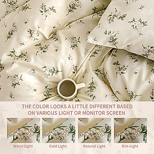 Rvciby Vintage Floral Duvet Cover Queen Size,100% Cotton Chic Shabby Beige Green Breathable Reversible Comforter Cover Set,3 Pieces,1 Duvet Cover with Zipper Closure & Corner Ties and 2 Pillow Shams