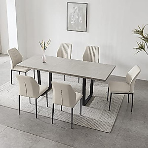 ZckyCine Modern Mid-Century Dining Table Set for 6-8 People Kitchen Dining Room Table Set Extendable Wood Dining Table and 6 Upholstered Chairs, Home Kitchen Furniture