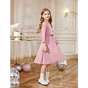 Arshiner Big Girls Dresses 3/4 Sleeve Scalloped Edge A-line Belted Banquet Dress with Pockets（Pink，13-14Years）