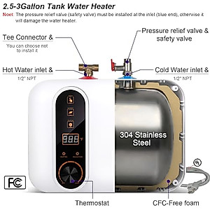 110V-120V 1.5Kw Instant Electric Hot Water Heater Under Kitchen Small Tank 2.5-3.0 Gallon Storage,Rv Trailer Instant Counter Compact Point-of-Use,2 PCs 16” Long 1/2”FIP Stainless Steel Water Hose 11L