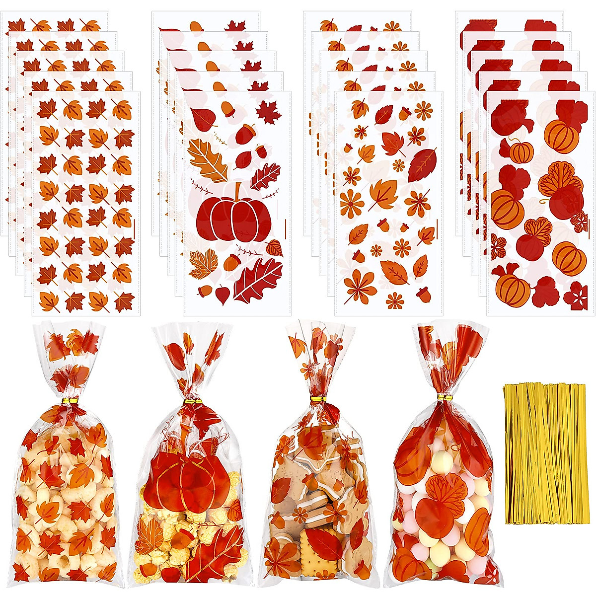 100 Pieces Valentines Cellophane Bags Plastic Clear Candy Pouch Valentines Prefilled Goody Bags 5 Styles Goodie Treat Bags 100 Pieces Golden Twist Tie for Party Favors, 5.1 x 10.6 Inch (Fall Style)