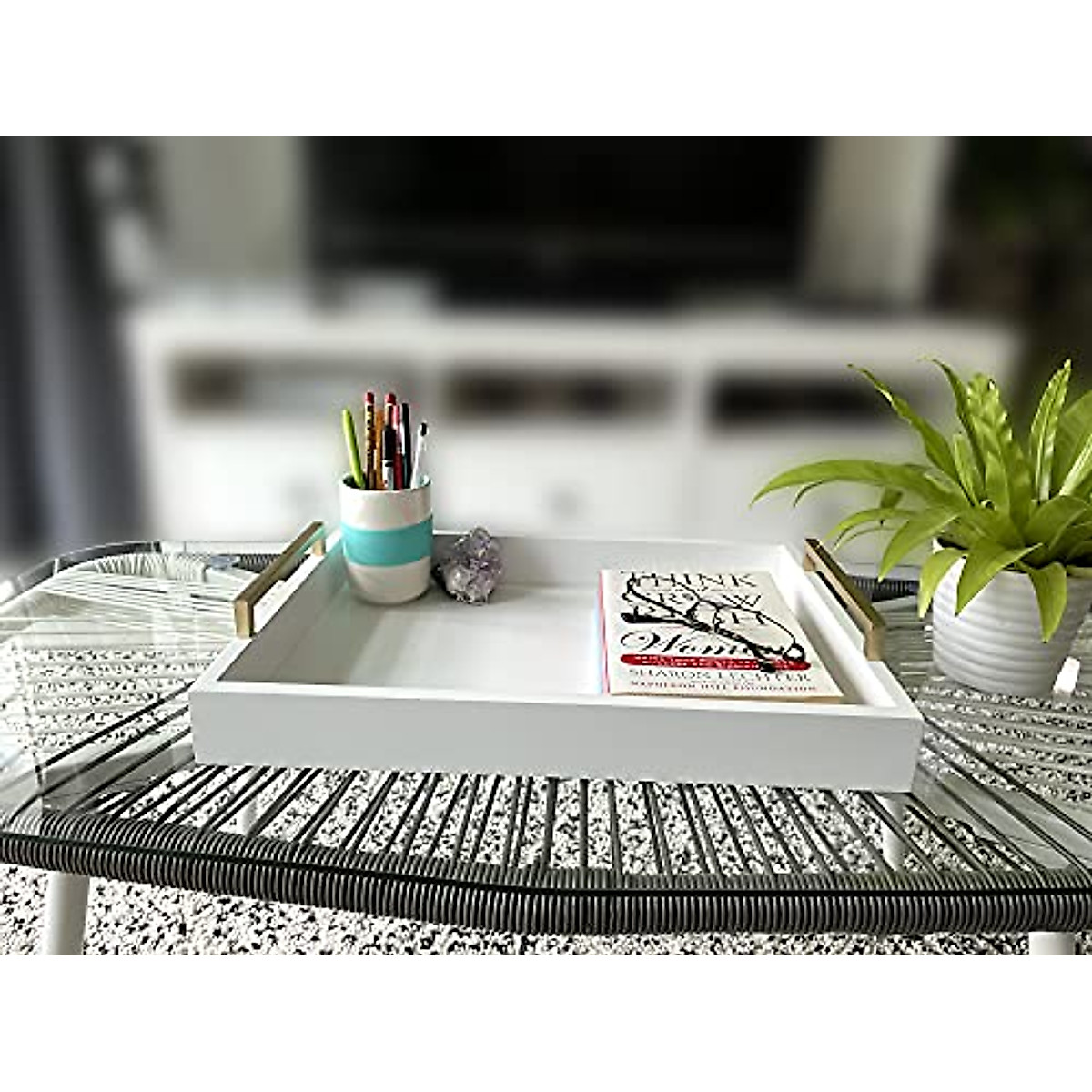 Crown Home & Living Ottoman Serving Tray 16.5x12.25 - White Coffee Table Tray with Brushed Gold Handles, Handcrafted, Sturdy & Spacious - Ideal for Bedroom, Kitchen, Living Room Decor