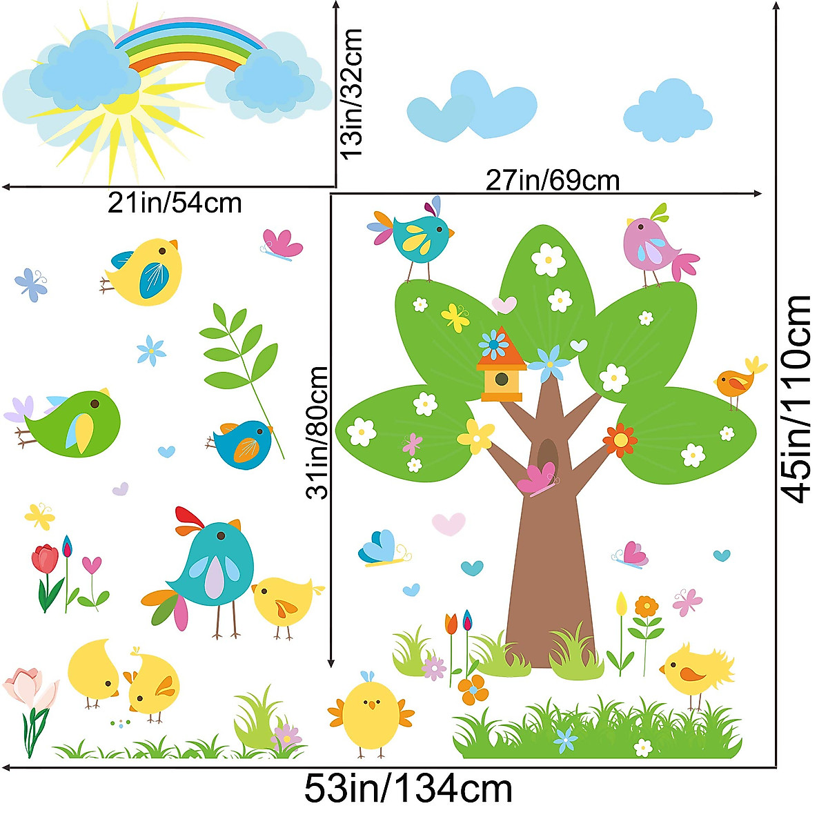 RW-1066 Cute Birds Animals Wall Decals Big Tree Wall Stickers Flowers Birds Animals Decals DIY Removable Birds Butterfly Wall Art Decor for Kids Baby Bedroom Living Room Nursery Classroom Decoration