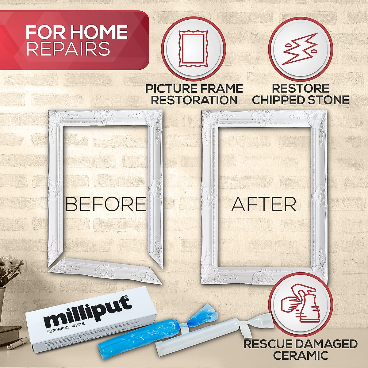 Milliput Plumbers Putty 10 Piece Set, Superfine White - with Sculpting Tools, Sanding Pad and Gloves - Ceramic Tile, Fiberglass Tub, Bath, Sink and Porcelain Repair Kit - 2 Part Epoxy Modeling Clay