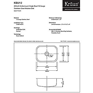 Kraus KBU12 23 inch Undermount Single Bowl 16 gauge Stainless Steel Kitchen Sink