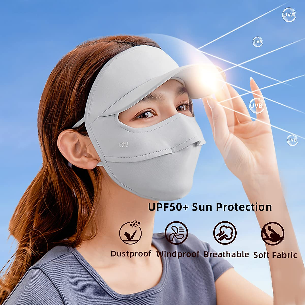 OHGOLF Women Anti UV Face Cover UPF 50+ Summer Full Face Mask Wide Brim Breathable Sunscreen Sports Face Covering SLN4M237T Grey