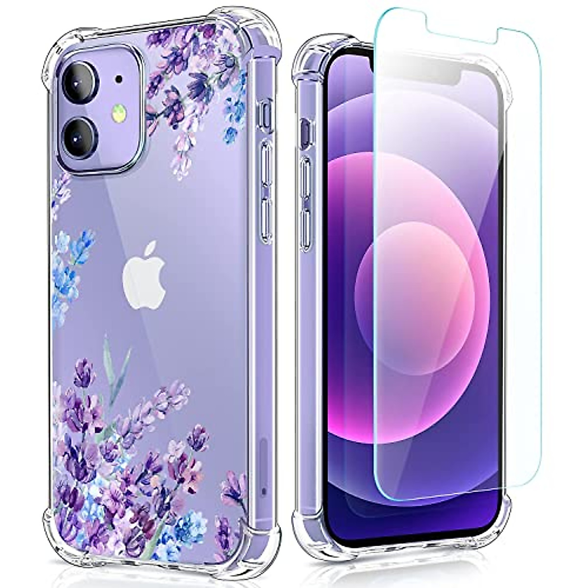 XEEUE Flower Pattern Designed for iPhone 12/12 Pro Case[with Screen Protector], Floral Clear Women Phone Case Shockproof Protective Soft TPU Bumper Cover 6.1 Inch 2020 (Lavender/Purple)