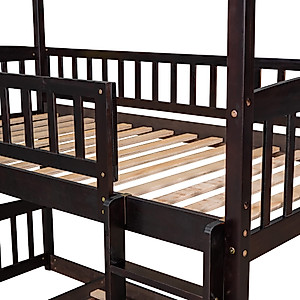 BIADNBZ L-Shaped House Bunk Bed, Twin Over Twin Size Beds with Slide and Roof, Wood Floor Bunkbed Frame, Space-Saving Design, Espresso
