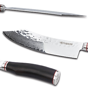 YOUSUNLONG Butcher Knife Pro 10" Cimitar Hybrid Cleaver Japanese Hammered Damascus Steel Razor Sharp - Natural Leadwood Handle