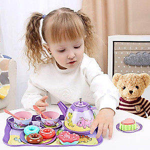 Yosamy 45Pcs Tea Party Set for Little Girls Princess Tea Time Toy Playset Ocean/Dinosaur Theme Kids Tea Set with Desserts & Carrying Case Kitchen Pretend Toy for Kids Toddlers Age 3 4 5 6 (Dinosaur)