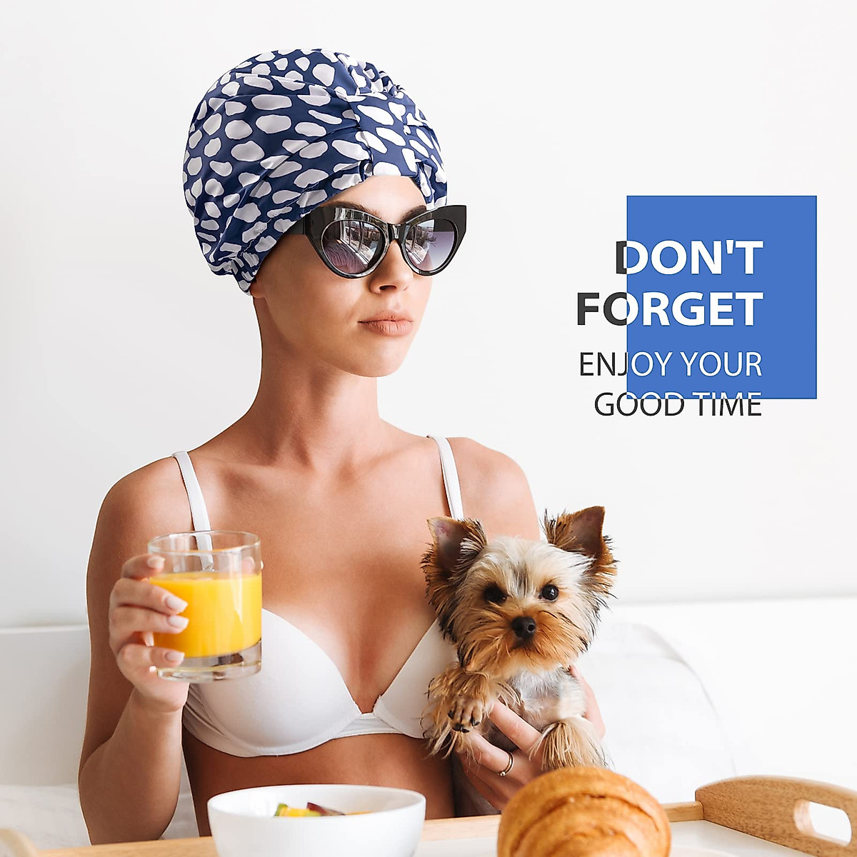 INNELO Luxury Shower Cap for Women Reusable Waterproof, Double Layered Shower Hair Cap with Adjustable Elastic Strap, Large Satin Lined Shower Bath Cap for Long Curly Straight Hair, Blue