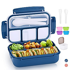 QQKO Bento Box Adult Lunch Box, Lunch Containers for Adults, 1200 ML Food Container With 4 Compartments, Including 4 Muffin Cups, Utensils Set, Sauce Jar, Leak-Proof, Microwave, Dishwasher Safe, Blue