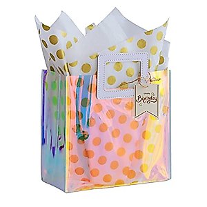 VUOJUR 8.3'' Holographic Reusable Small Gift Bag with Tissue Paper and Happy Birthday Gift Tag for Women Girls Mother Birthday Bag