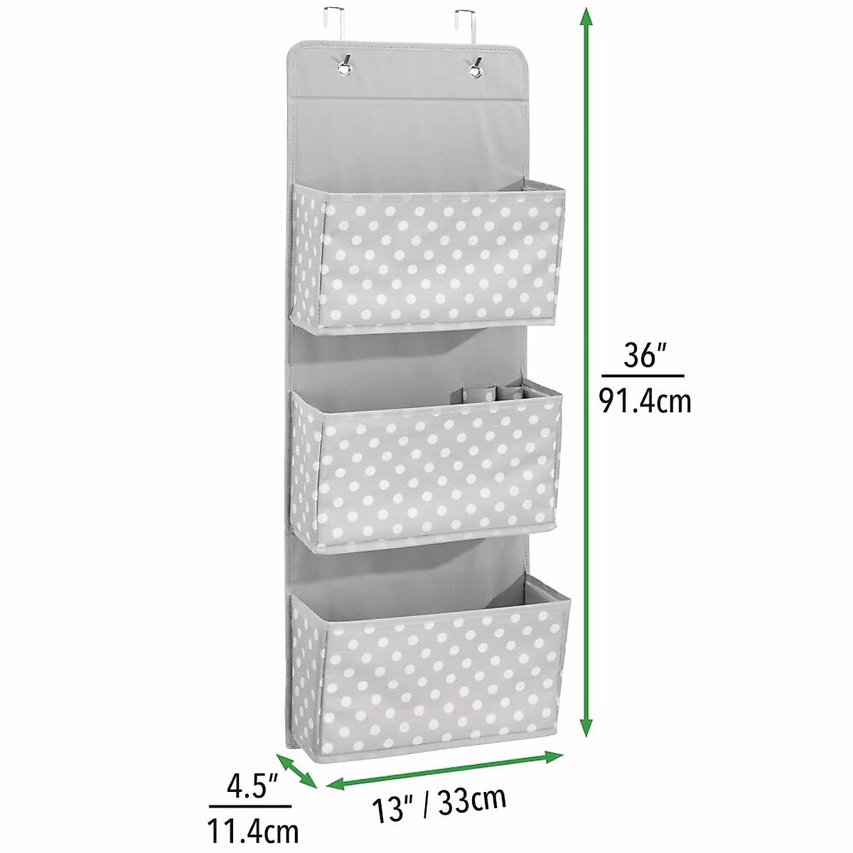 mDesign Fabric Baby Nursery Hanging Organizers for Over The Door Storage for Kids - 3 Pocket Organizer Caddy with Hooks for Clothing, School, Diaper, Toy, and Outfit Storage - Polka Dot, Gray/White
