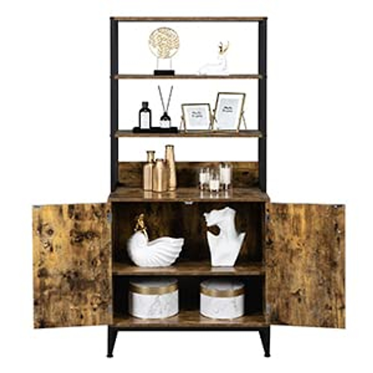 VINGLI Bookshelf with Storage Cabinet, Tall & Wide Industrial Bookcase with 2 Doors & 3-Tier Shelves for Living Room/Bedroom/Office (Rustic Brown, 30'' x 16'' x 69'')