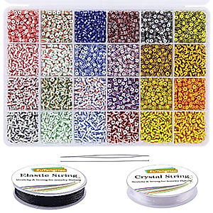 EuTengHao 6000pcs Striped Seed Beads Small Craft Glass Seed Spacer Beads Set for DIY Bracelet Necklaces Crafting Jewelry Making Supplies with Bracelet String (250Pcs Per Color, 4mm, 24 Colors)