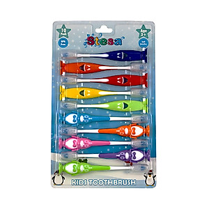 Stesa Kids Toothbrush - 10 Pack - Soft Bristles, BPA Free, Suction Cup for Fun Storage, Dust Covers Included - Boys and Girls Toddler Toothbrush - Age 3+