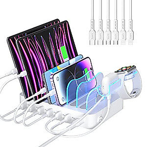 SooPii Premium 6-Port USB Charging Station Organizer for Multiple Devices, 6 Short Charging Cables and One Upgraded i-Watch Charger Holder Included, for Phones, Tablets, and Other Electronics, White