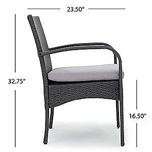 Christopher Knight Home Louise Outdoor Wicker Dining Set with Acacia Wood Table and Bench and Water Resistant Cushions, 6-Pcs Set, Sandblast Light Grey / Black Rustic Metal / Grey / Grey Cushions