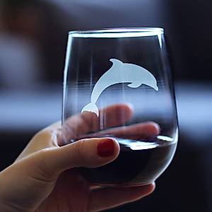 Dolphin Silhouette Stemless Wine Glass - Cute Dolphin Themed Gifts or Party Decor for Women and Men - Large