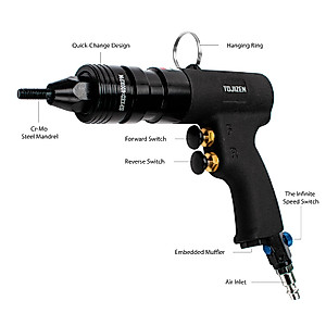 TOJIZEN Pneumatic Rivet Nut Gun Kit - 1/4, 5/16 & 3/8 inch Gun Heads - Air Powered Rivet Nut Tool Set for Rivnut, Threaded Insert, and More - Professional Air Riveter and Riv Nut Tool