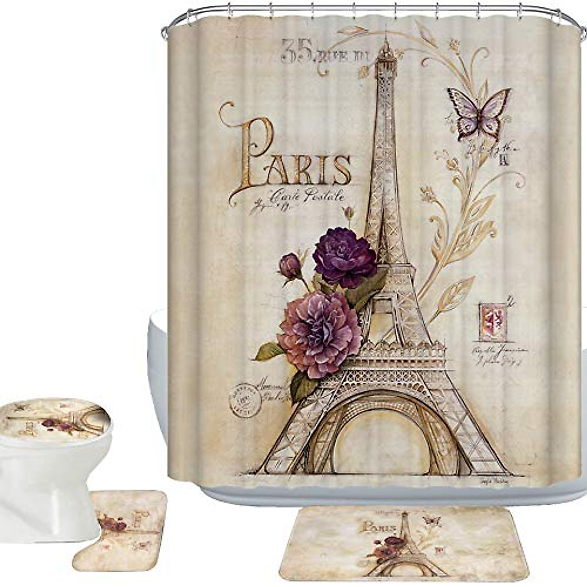 Amagical 16 Piece Vintage Paris Brown Eiffel Tower Shower Curtain Set Bathroom Mat Set Purple Flower Butterfly Bath Mat Contour Mat Toilet Cover and Shower Curtain with 12 Hooks