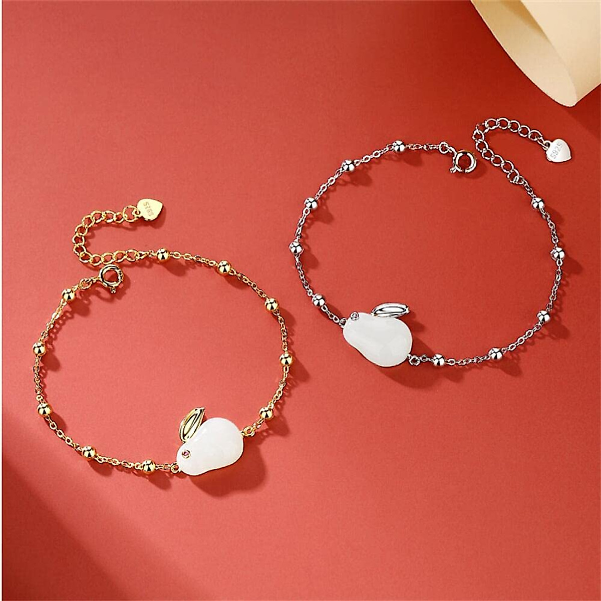 Rofeego Natural White Jade Rabbit Bunny Charm Link Bracelet 925 Sterling Silver Adjustable Mother's Day Gift Anniversary Jewelry Birthday Gifts for Women Wife Girlfriend Her (22k gold plated)