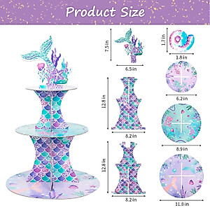 OPUHOHR 3 Tier Mermaid Cupcake Stand,Cupcake Tower with 12pcs Mermaid Theme Cake Topper, Dessert Tower Holder for Mermaid Theme Birthday Decoration Baby Shower Party Supplies