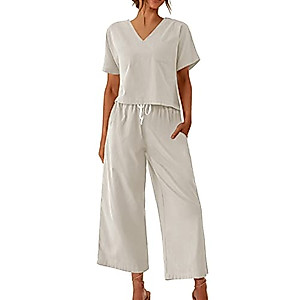 Ekouaer Womens Short Sleeve Top Wide Leg Pants Sleepwear Cotton Linen Loungewear Pajama Set, White, Medium