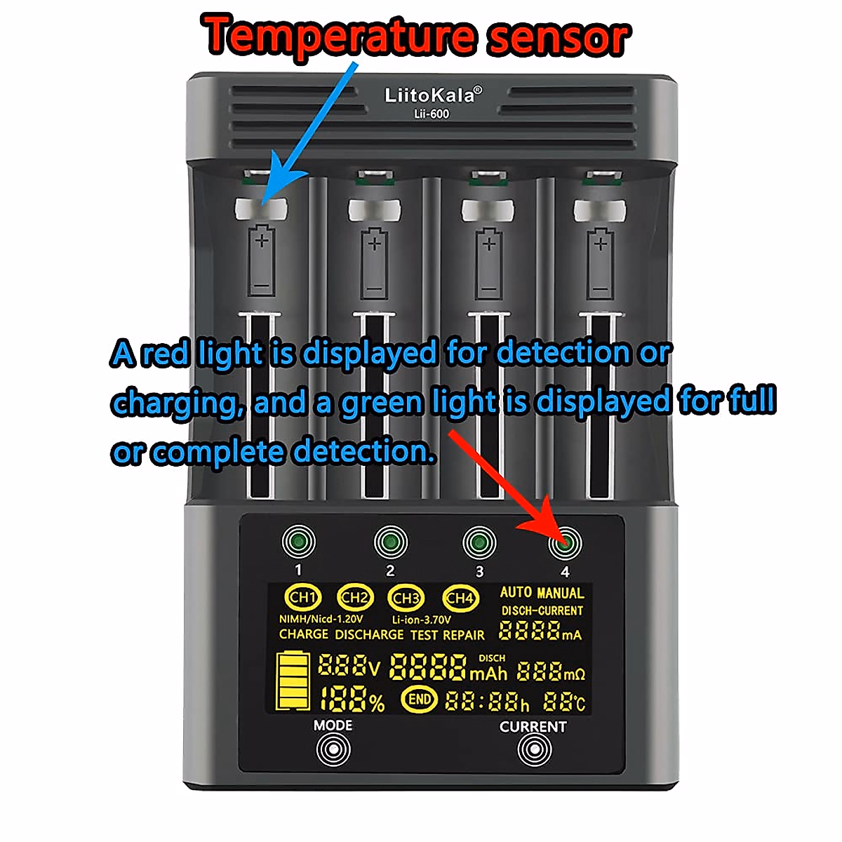 icover Universal Smart Battery Charger, LiitoKala lii-600 LCD Display 4 Slots Smart Charger Li-ion 3.7V NiMH 1.2V for Rechargeable Batteries 18650 26650 16340 14500 + Car Charger