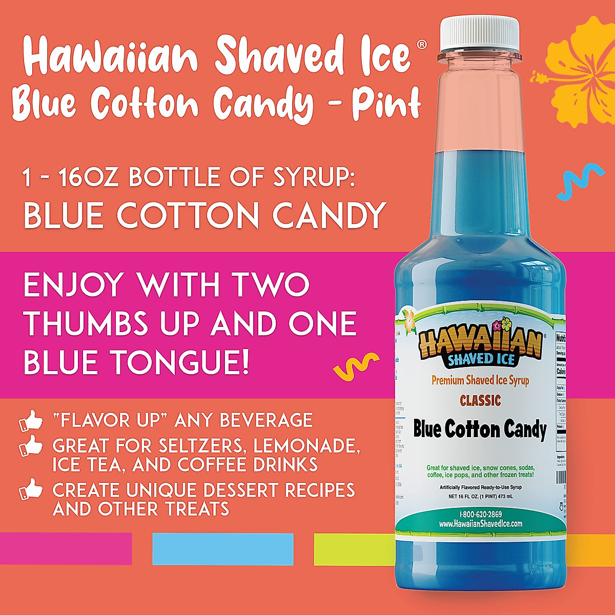 Hawaiian Shaved Ice Syrup Pint, Blue Cotton Candy Flavor, Great For Slushies, Italian Soda, Popsicles, & More, No Refrigeration Needed, Contains Nuts, Soy, Wheat, Dairy, Starch, Flour, or Egg Products