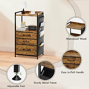 LASZOLA Nightstand with 3 Fabric Drawers and Side Pockets, Vertical Bedside Table with Wood Shelf, End Table Bed Side Dresser Furniture for Bedroom Living Room Entryway College Dorm, Rustic Brown, 1