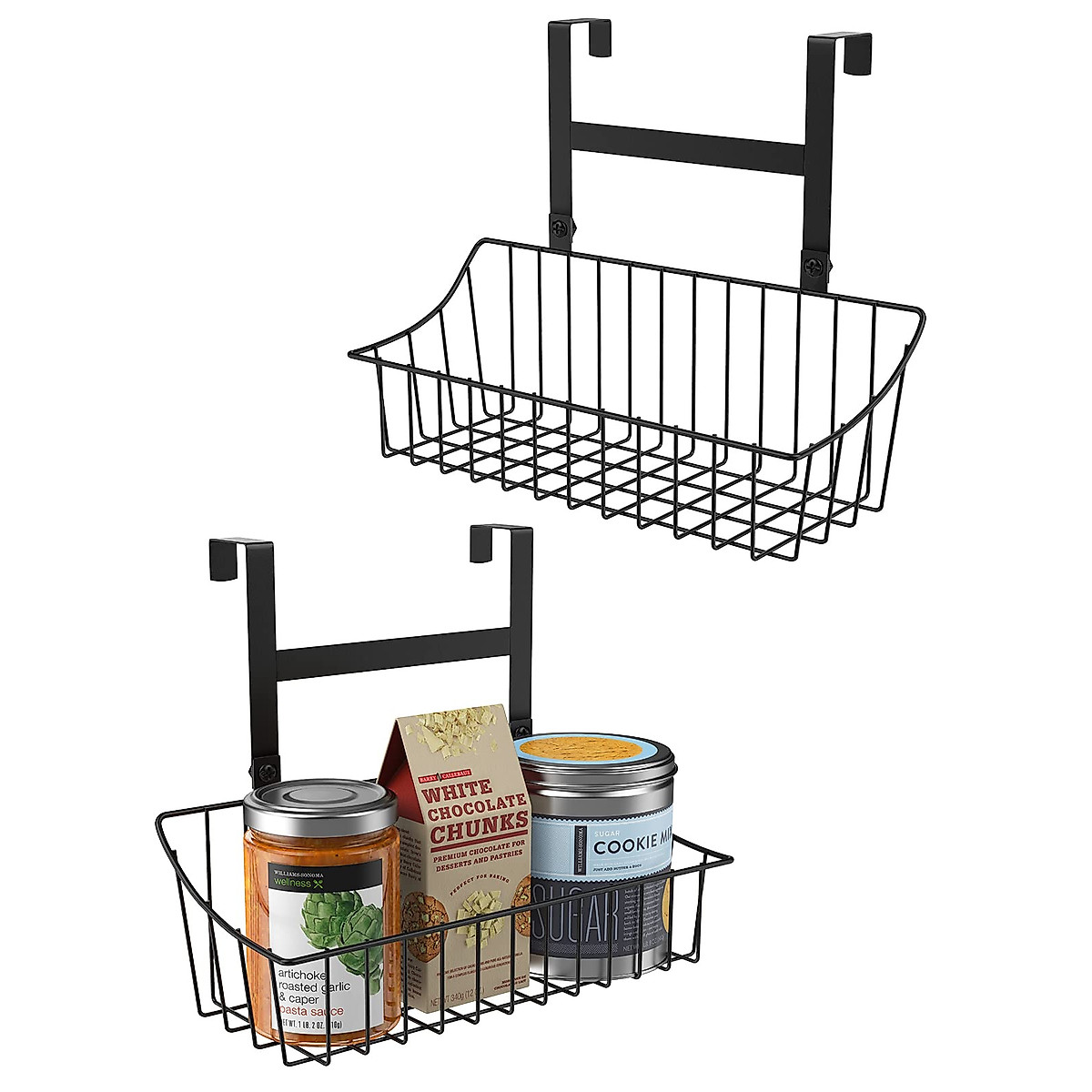 MaraFansie Grid Storage Basket, Over the Cabinet Door Organizer, Wire Hanging Basket with Hook Over the Cabinet/Railing, Under Sink Kitchen Cabinet, Pantry, Bathroom, Small, Black, 2 Pack