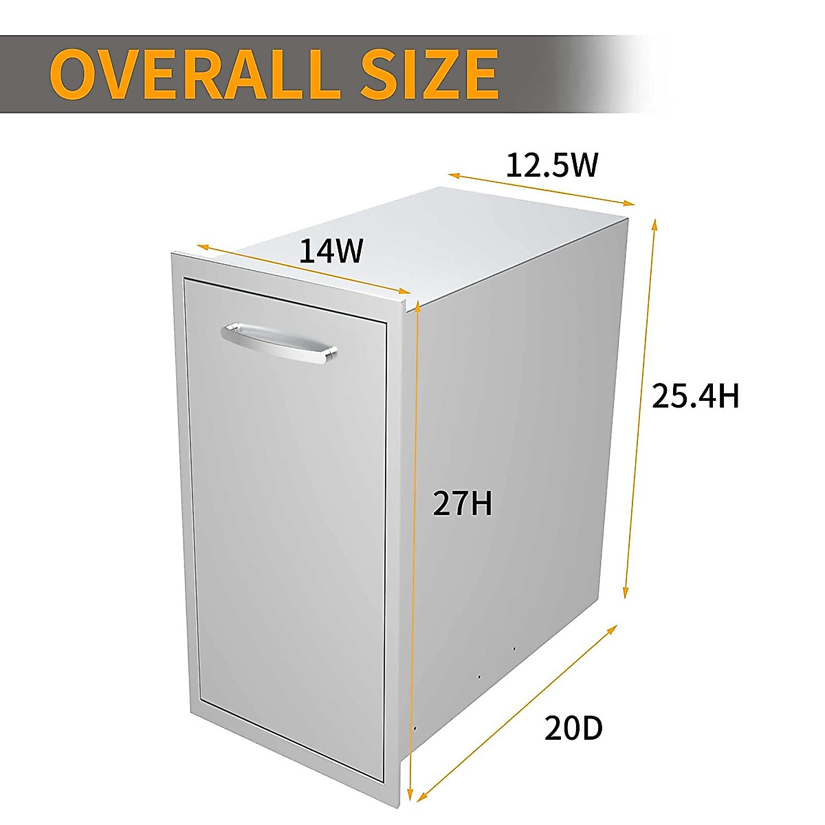 OUKIDR Built-in Single Trash Drawer Stainless Steel Outdoor Kitchen Trash Drawer Storage One Trash Bin for Outdoor Kitchen BBQ Island,14" W X 27" H X 20" D
