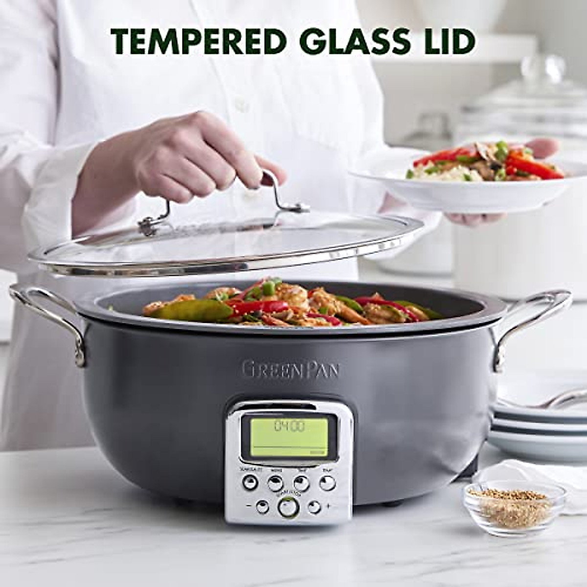 GreenPan Elite Essential Smart Electric 6QT Skillet Pot, Presets to Sear Saute Stir-Fry and Cook Rice, Healthy Ceramic Nonstick and Dishwasher Safe Parts, Easy-to-use LED Display, Graphite