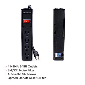 CyberPower CSB404 Essential Surge Protector, 450J/125V, 4 Outlets, 4ft Power Cord, Black