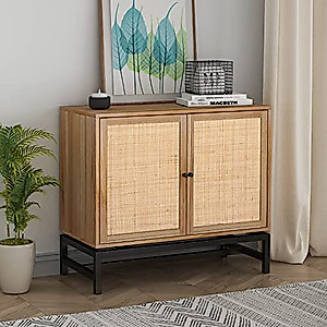 Storage Cabinet with Rattan Doors,Rattan Sideboard Buffet Cabinet with 2-Tier Shelf 3 Adjustable Holes,Kitchen Cupboard Console Table with Iron Bracket up to 99Lbs for Dining Room,Living Room(Beige)