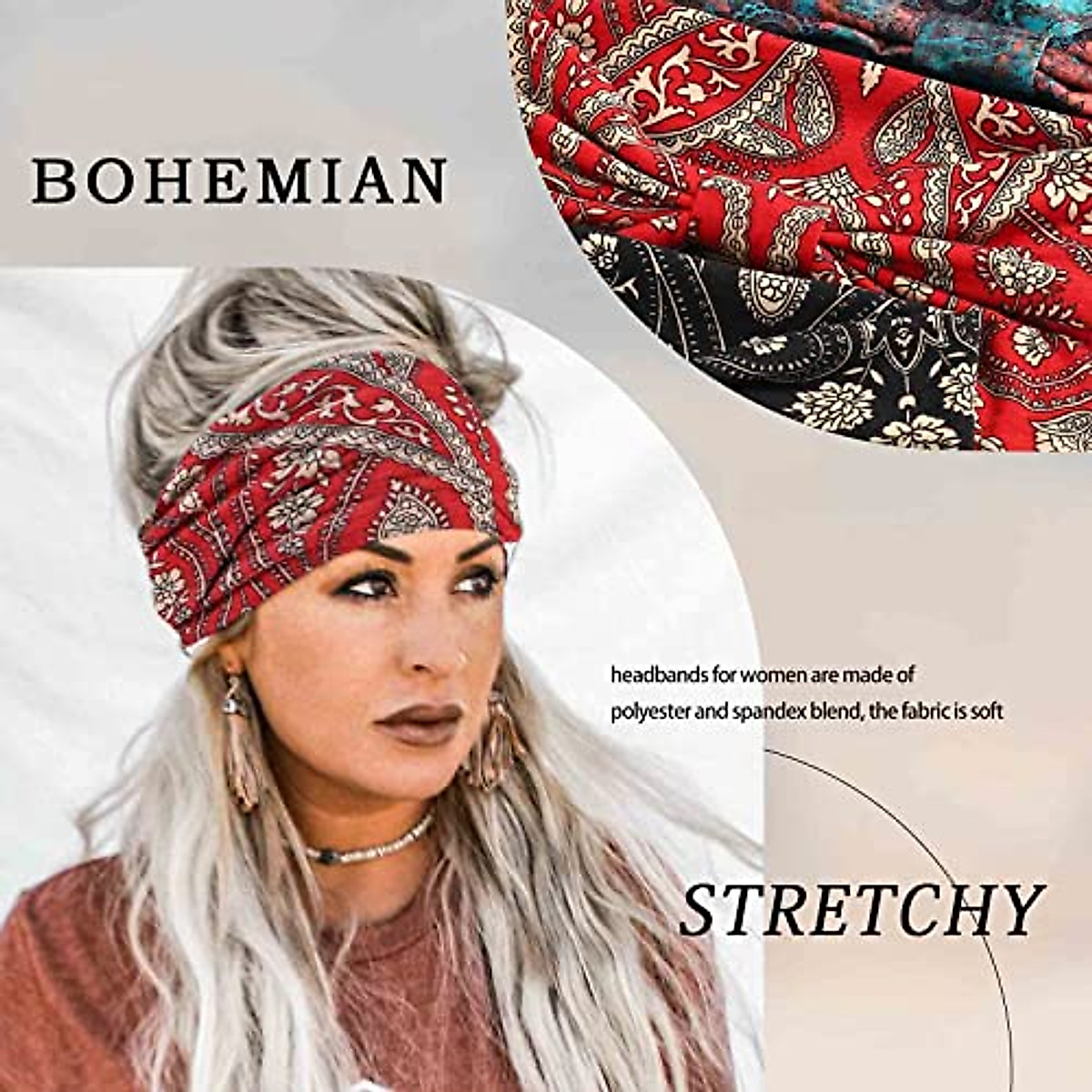 Acenail Boho Headbands Women Wide Head Bands Knotted Turban Headband Nonslip Elastic Hairbands Floral Hairband Workout Hair Scarfs Yoga Sweatbands Bohemian Head Wraps for Women 4Pcs(#5 Gorgeous)