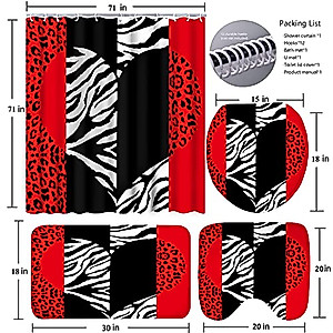 Poedist 4 Pcs Bathroom Shower Curtain Set,Red Leopard Print Shower Curtain Bright Style Shower Curtain Sets with Rugs(Bath Mat,U Shape and Toilet Lid Cover Mat) and 12 Hooks