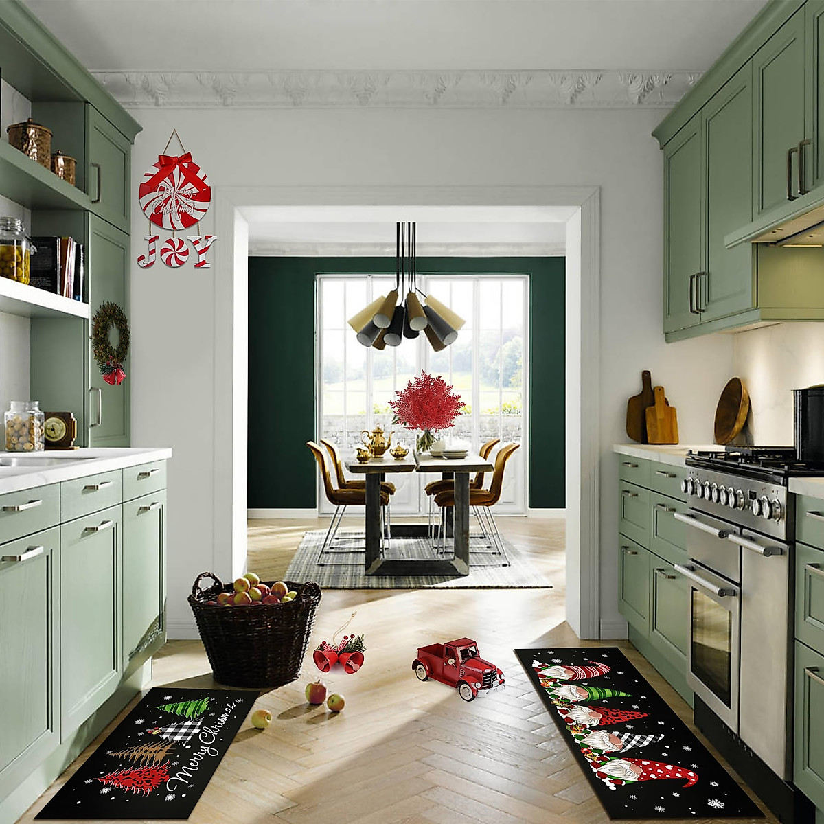 Christmas Kitchen Rugs Set of 2 - Buffalo Plaid Tree Gnomes Black Kitchen mat, Winter Holiday Party Low-Profile Floor Door Mat Merry Christmas Decorations for Home Kitchen - 17x29 and 17x47 Inch