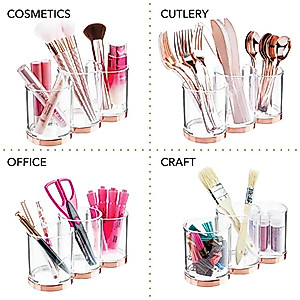 mDesign 3- Section Makeup Brush Organizer for Bathroom Vanity - Plastic Brush Holder for Makeup - Storage Cup for Eyeliner, Lipstick, Concealer - Cosmetic Holder, Lumiere Collection, Clear/Rose Gold