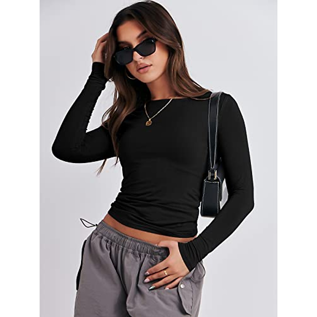 ANRABESS Women Long Sleeve Crop Top Basic Tees Tight Fitting T-Shirt Trendy 2023 Fall Shirts Undershirts Sexy Casual Going Out Cropped Tops 1029heise-S Black