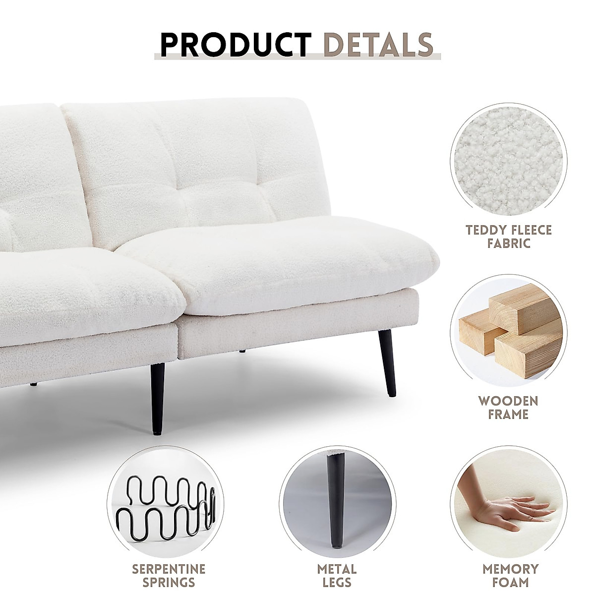 Siiejia Convertible Futon Sofa Bed, Sleeper Futon Couch Loveseat Adjustable Backrest Couch Bed Small Splitback Modern Sofa for Apartment，Living Room, Bedroom, Office, Beige