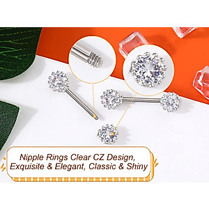 Melighting 14G Nipple Rings Shiny Clear CZ Dainty 316L Surgical Steel Nipple Piercing Barbell Nipple Bars Nipple Piercing Jewelry for Women Men