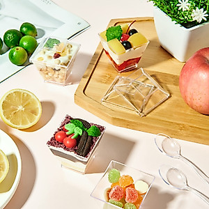 JOLLY CHEF 100 x 2 oz Mini Dessert Cups with Spoons and Lids, Square Tall Clear Plastic Parfait Appetizer Cup Small Serving Bowl for Party Desserts Appetizers