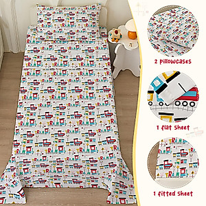 Bedmoon Boys Twin Sheets, Kids Train Bed Sheet Set with Non-Slip Fitted Sheet, Boys Soft Microfiber Twin Sheets & Pillowcases, Red Blue