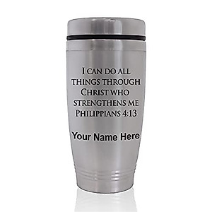 SkunkWerkz Commuter Travel Mug, Bible Verse Philippians 4:13, Personalized Engraving Included
