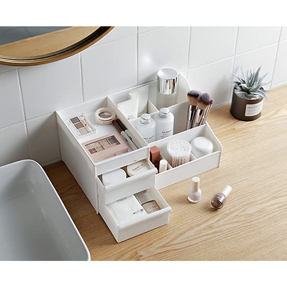 CHANCETSUI Makeup Desk Organizer, Makeup Organizer With Drawers, Bathroom Countertop Organizer for Cosmetics, Vanity Holder for Lipstick, Brushes, Lotions, Eyeshadow, Nail Polish and Jewelry (White)